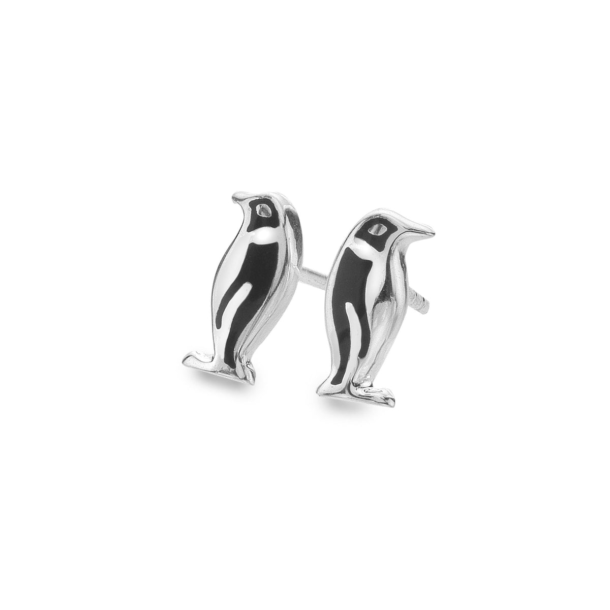 Penguin Stud Earrings - Sterling Silver with Black Enamel Detail