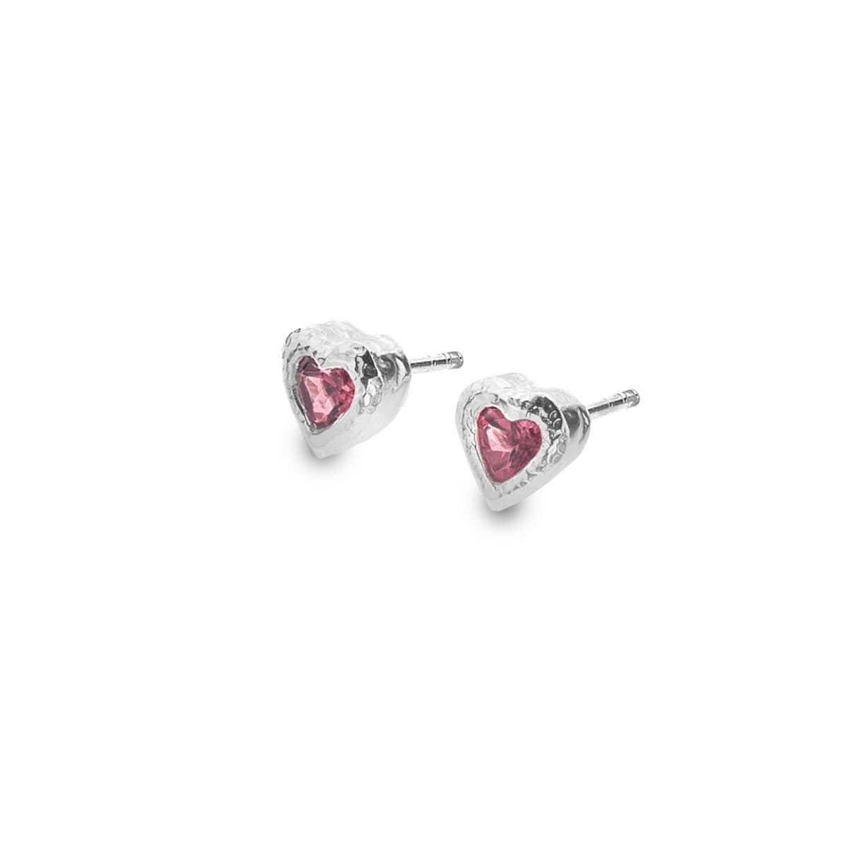 Pink Heart Stud Earrings in Sterling Silver Surround With Tourmaline Stone Inlay