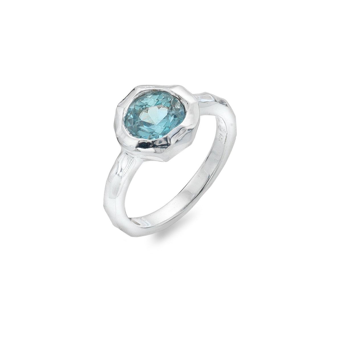 Round Faceted Solitaire Blue Topaz Ring - Bezel Set in Textured ...