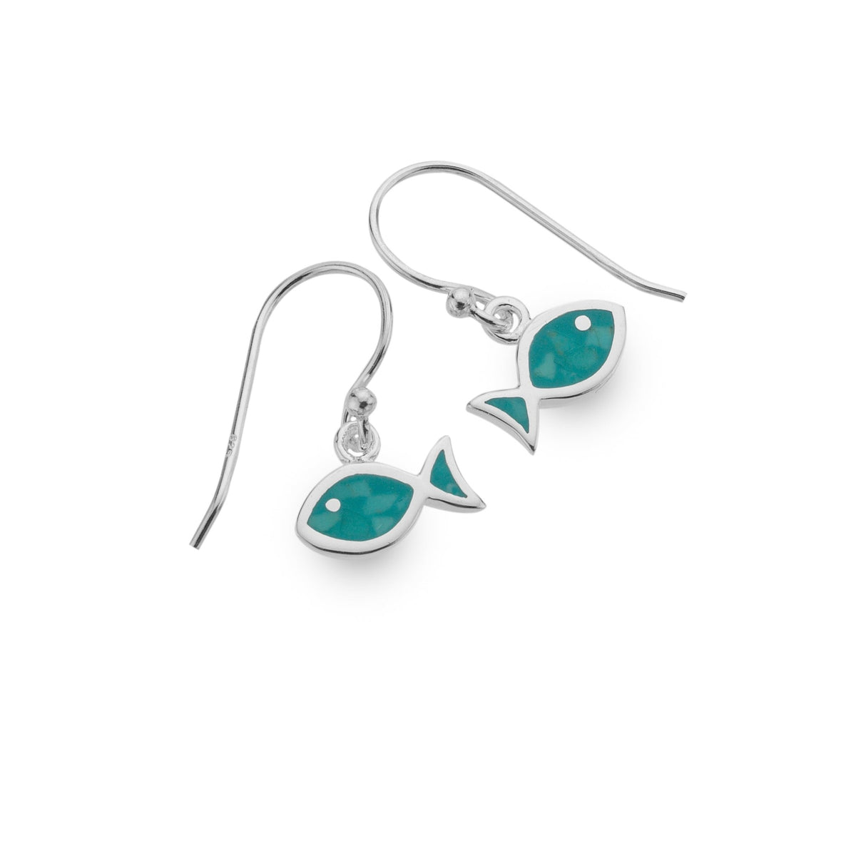 Fish Drop Earrings - Sterling Silver with Turquoise Gemstone Inlays