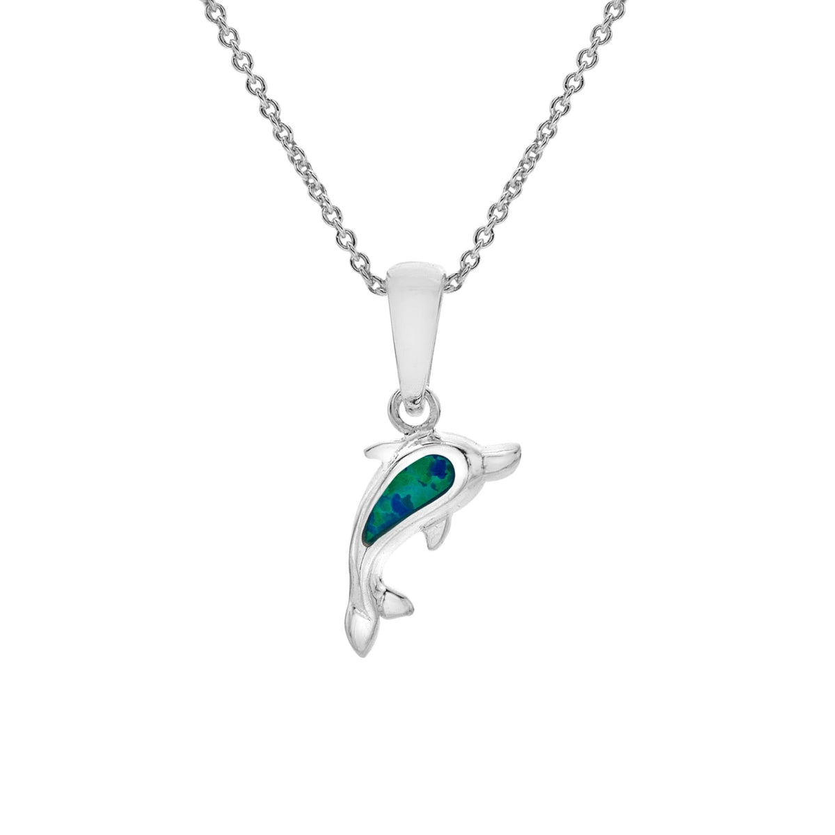 Silver Dolphin Pendant Necklace with Opalite Gemstone Inlay