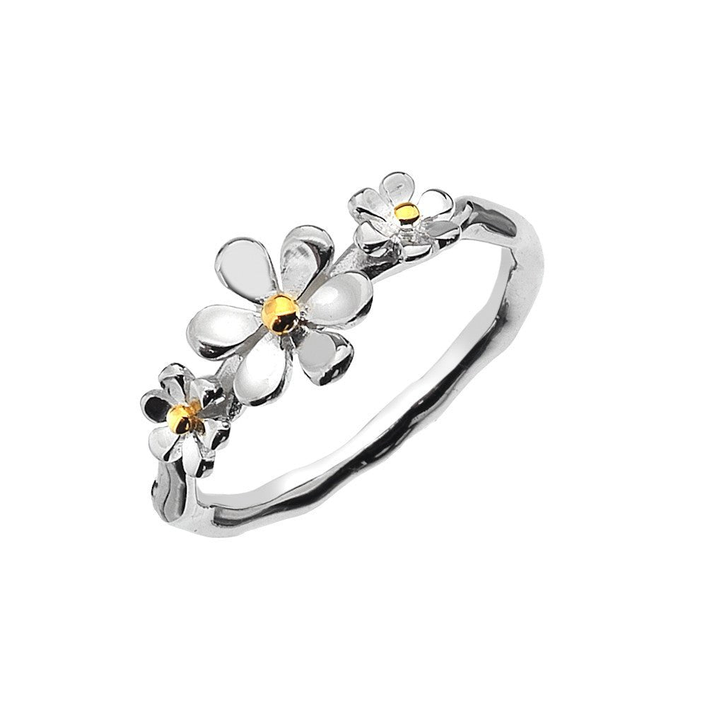 Trio of Daisies Ring - Silver with Brass Flower Centres