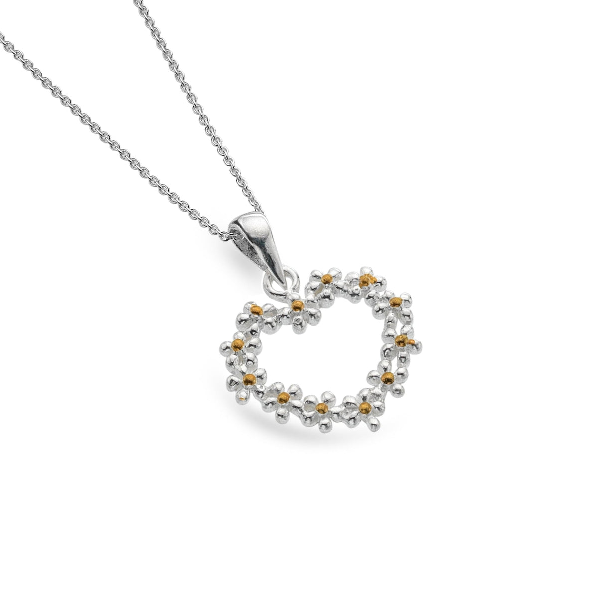 Silver Daisy Chain Heart Pendant Necklace with Gold Plated Detail