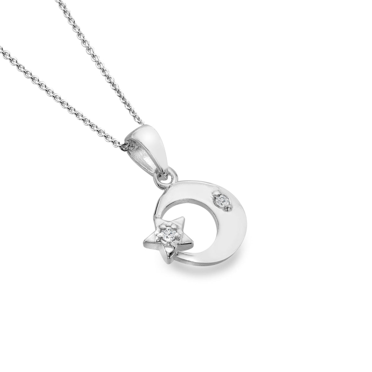 Silver Crescent Moon & Star Pendant Necklace with Sparkling Cubic ...