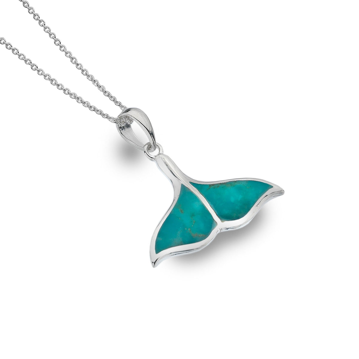 Whale's Tail Pendant Necklace - Silver with Turquoise Gemstone Inlays