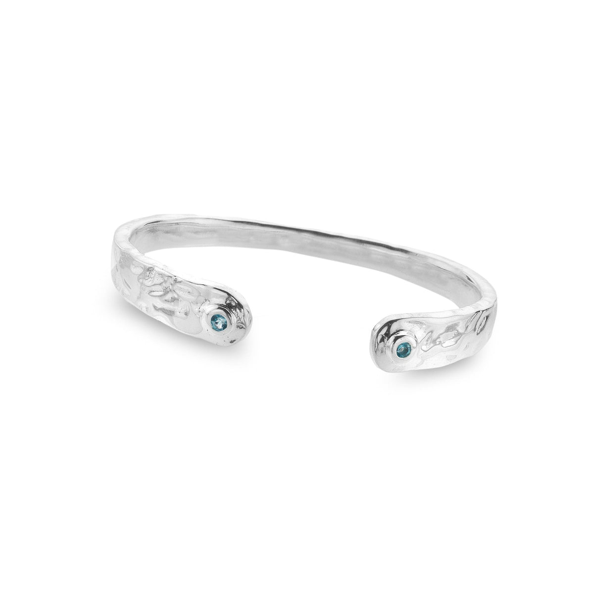 Silver Chunky Textured Cuff Bangle with Bezel Set Blue Topaz Ends